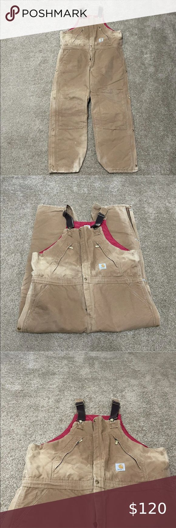 Carhartt Mens R38 Brown Duck Zip To Waist Bib Quilt Lined Overalls 44x32 Carhartt Mens Plus