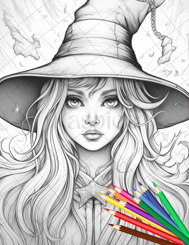 40 Cute Witches Coloring Pages Printable For Adults Grayscale Colorin
