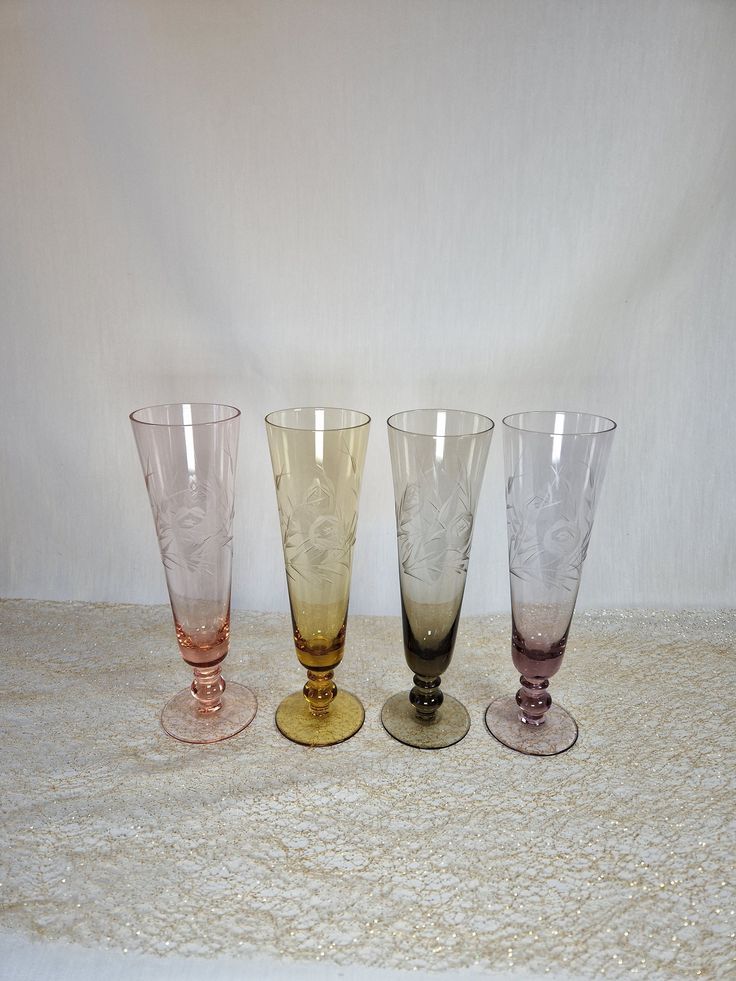 Four Coloured Glass Engraved Champagne Flutes Set Of Four Multicoloured Fluted Wine Glasses