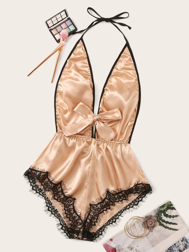 Lace Trim Satin Romper Bodysuit Pijamas Sensuais Roupas Pijamas Roupas