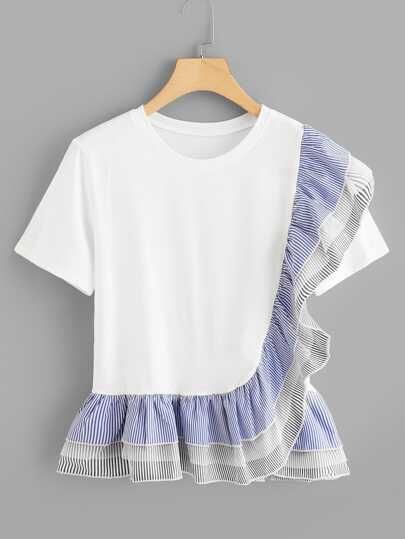 Tiered Striped Ruffle Trim Pep Hem Tee | Fashion, Blouse designs, Tees Tiered Striped Ruffle Trim Pep Hem Tee | Fashion, Blouse designs, Tees