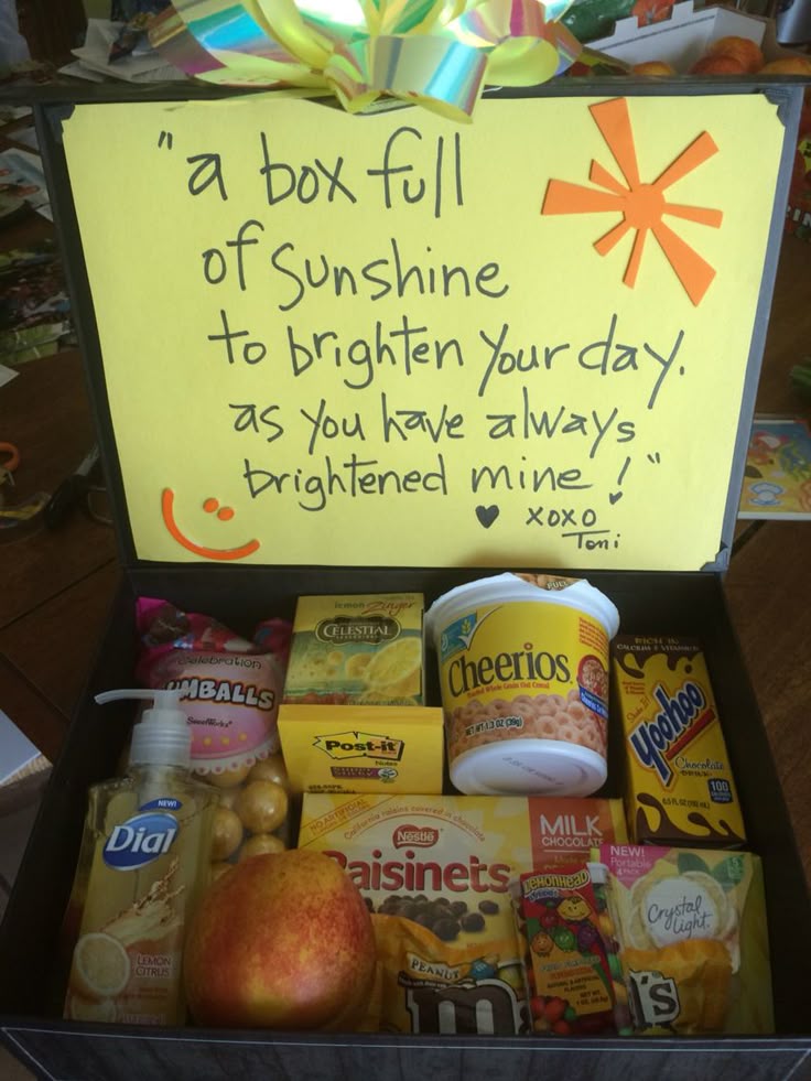 A Box Full Of Sunshine Mothers Day T Baskets Birthday Care Packages Box Of Sunshine