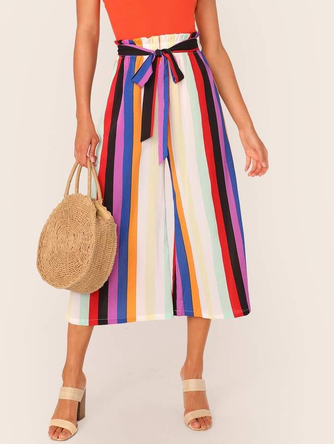 Shein Paperbag Waist Striped Belted Palazzo Pants Bottom Clothes