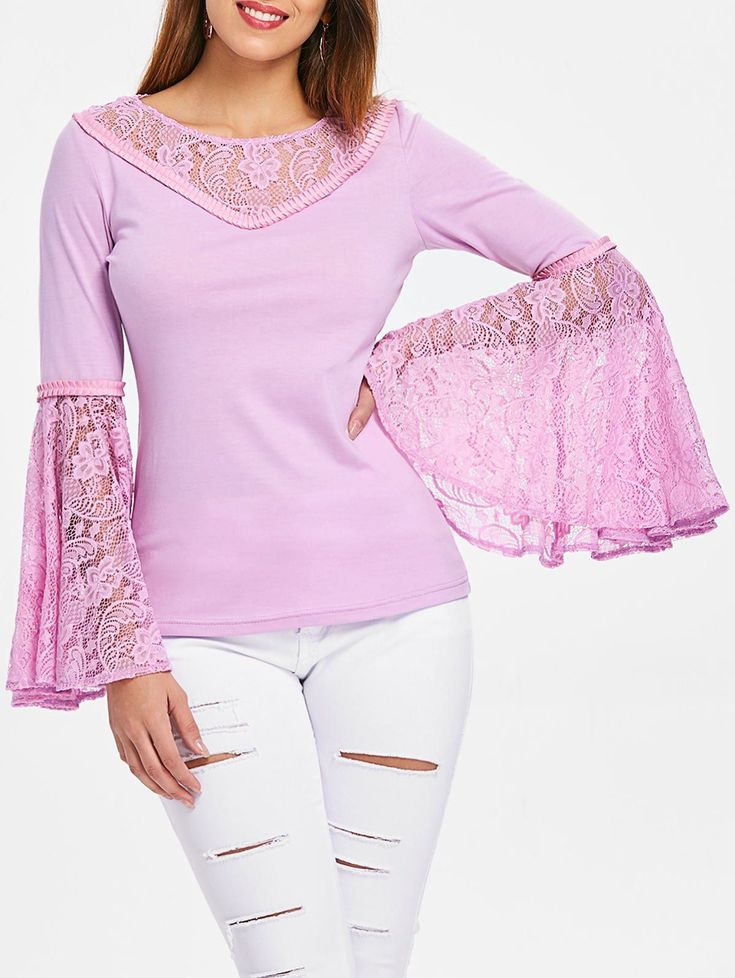 Bell Sleeve Floral Lace T Shirt Lace Up T Shirt Flare Sleeves Pattern Lace Tshirt