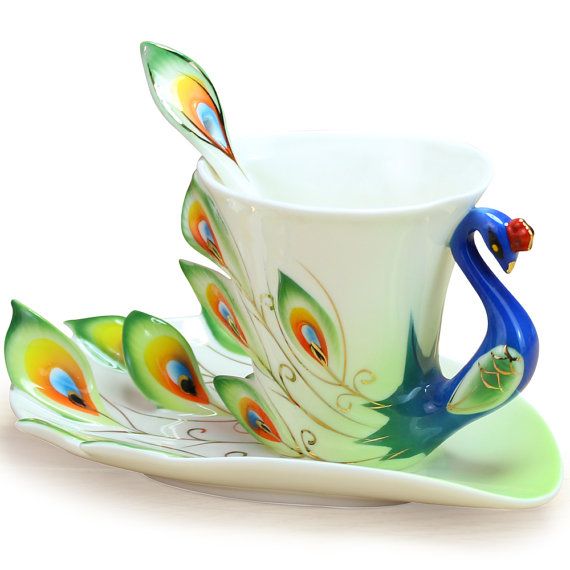 Porcelain Peacock Cup Creative Designer Tea Cup With Saucer And Spoon Unique Tea Cups