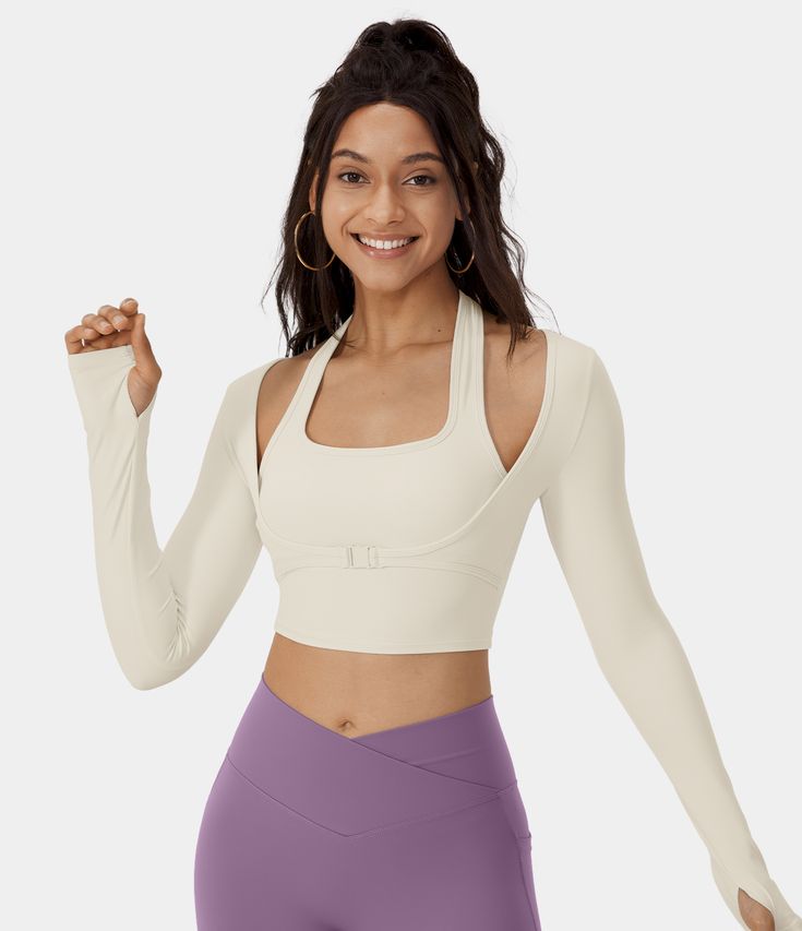 Womens Softlyzero™ Plush Halter Thumb Hole Long Sleeve Cropped 2 In 1