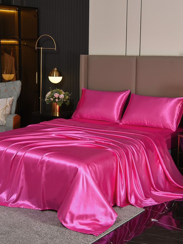 4pcs Plain Satin Sheet Set Without Filler 1pc Fitted Sheet And 1pc Flat Sheet And 2pcs Pillowcase