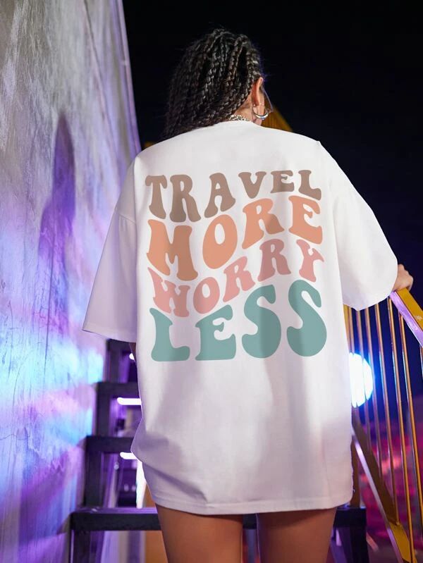 Camiseta Amplia Con Estampado De Slogan De Hombros Caídos Moda De
