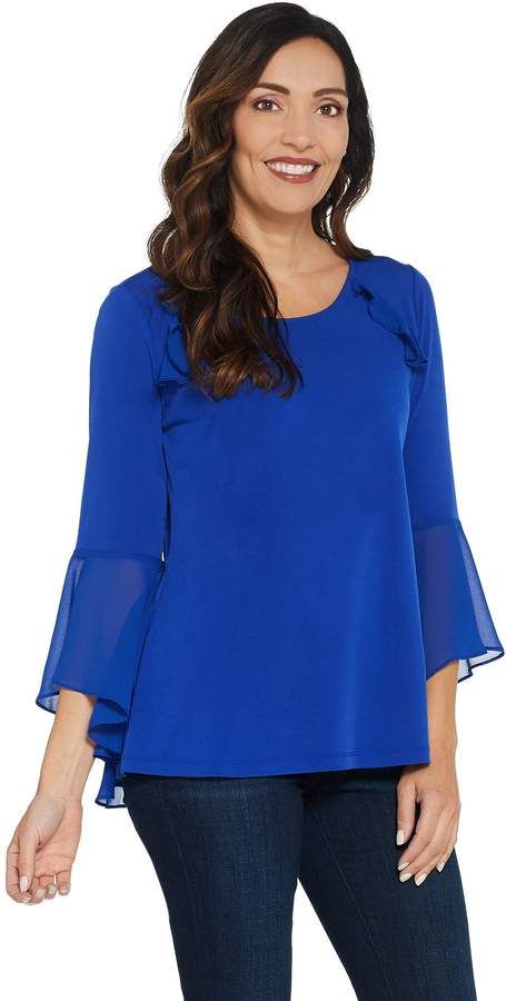 Susan Graver Liquid Knit Top With Sheer Chiffon Bell Sleeves Karen