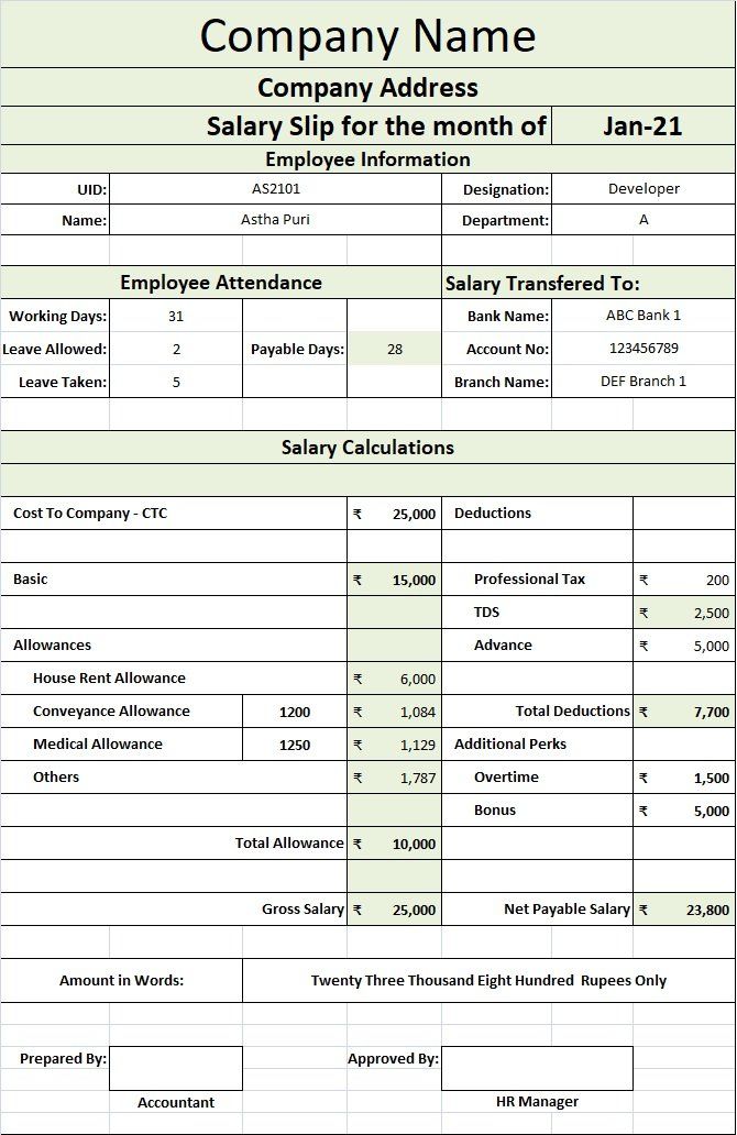 Ready To Use Salary Slip Excel Template India Msofficegeek Excel