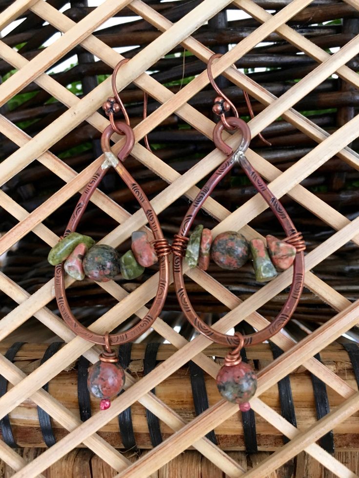 Teardrop Copper Hoop Earrings With Beautiful Jasper Stones Etsy