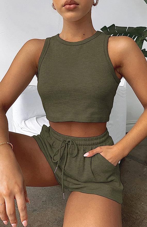 Lingswallow 2 Piece Women Lounge Sets Sleeveless Crop Top And Shorts Waffle Lounge Set