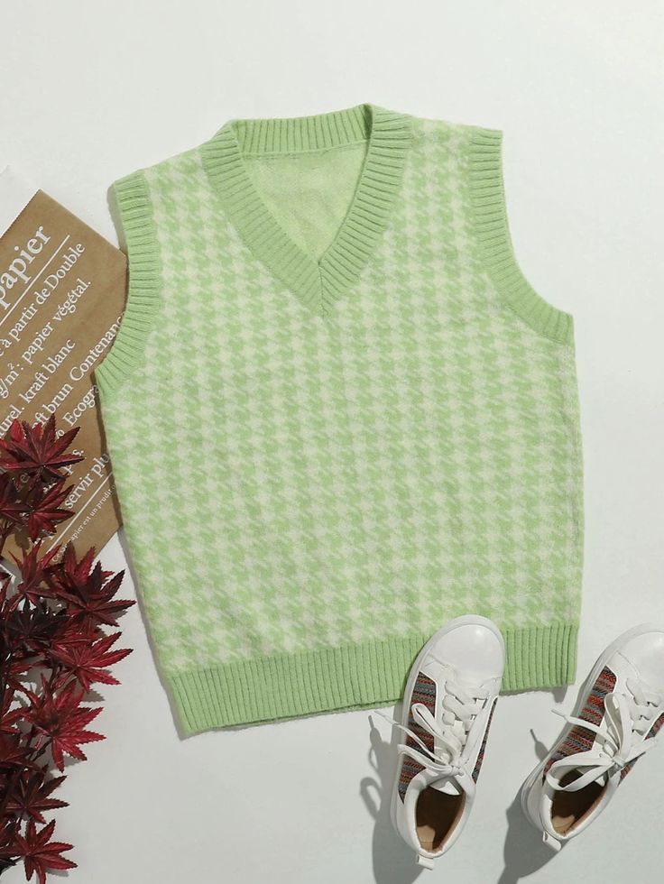 V Neck Houndstooth Pattern Sweater Vest Shein Usa Houndstooth