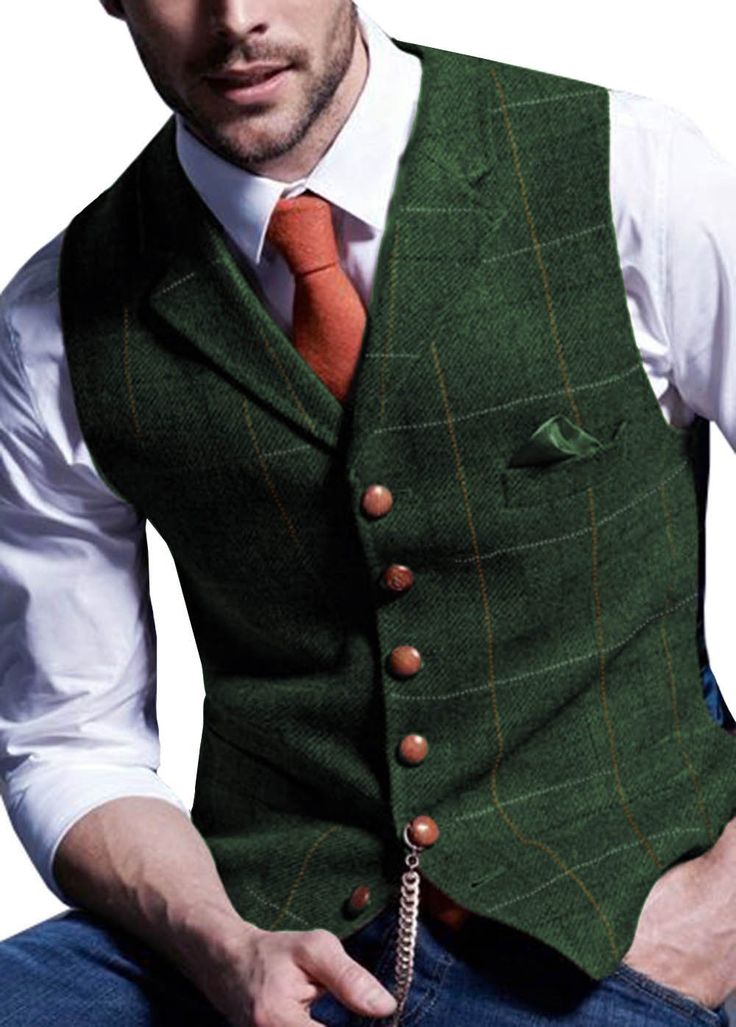 Mens Suit Vest Notched Plaid Wool Herringbone Tweed Waistcoat Casual Formal Business Groomman
