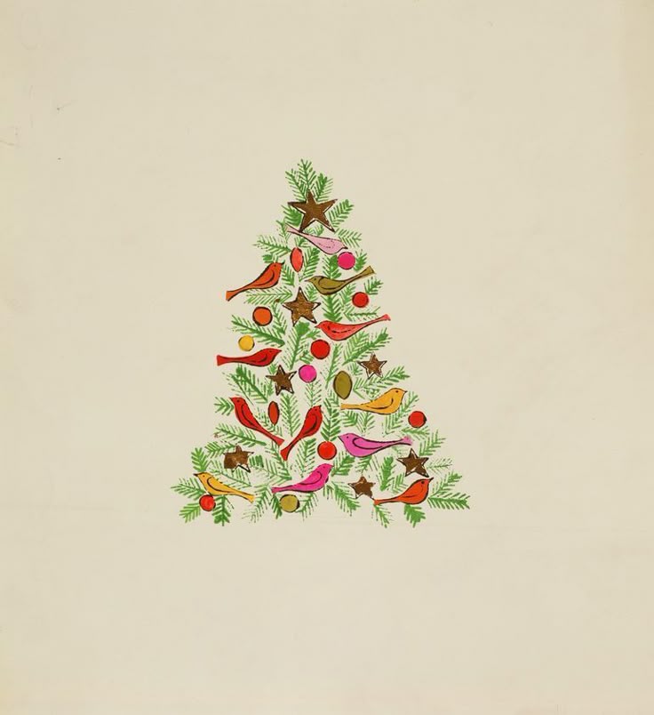 a drawing of a christmas tree with birds on it a drawing of a christmas tree with birds on it