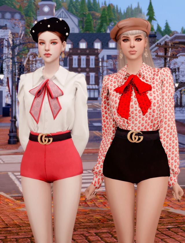 Rimings Gucci Ribbon Blouse And Gucci Belt And Short Pants Early Access Sims 4 Clothing