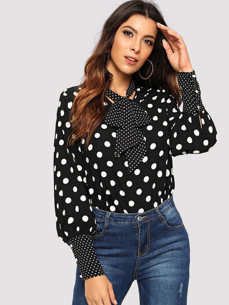 Shein Tie Neck Bishop Sleeve Polka Dot Top Long Sleeve Blouse Tops