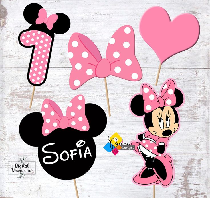 Printable Minnie Mouse Pink Birthday Cake Toppers Party Centerpieces Table Decorations Photo