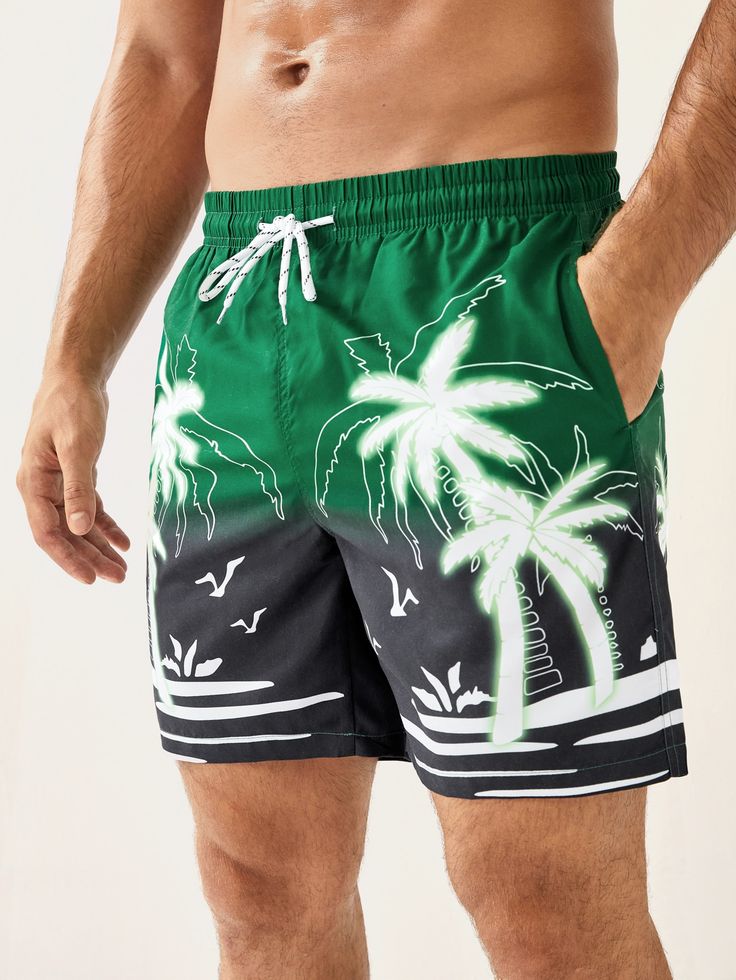 Men Ombre Palm Tree Print Drawstring Waist Swim Trunks In 2024