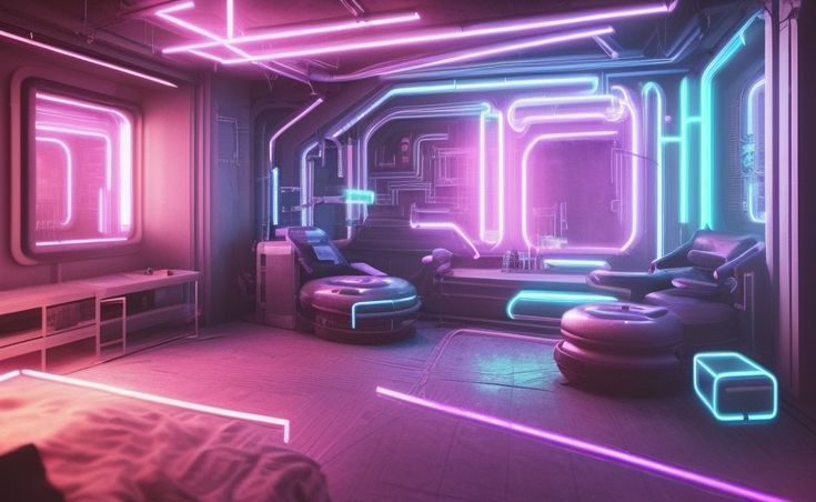 A Futuristic Room With Neon Lights And Furniture