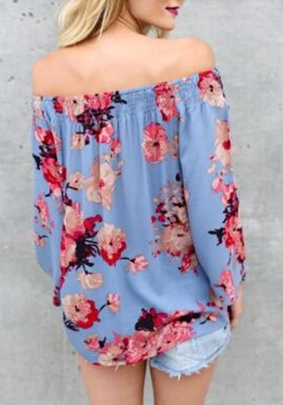 Blue Floral Long Sleeve Off Shoulder Casual Loose Blouse S Cute