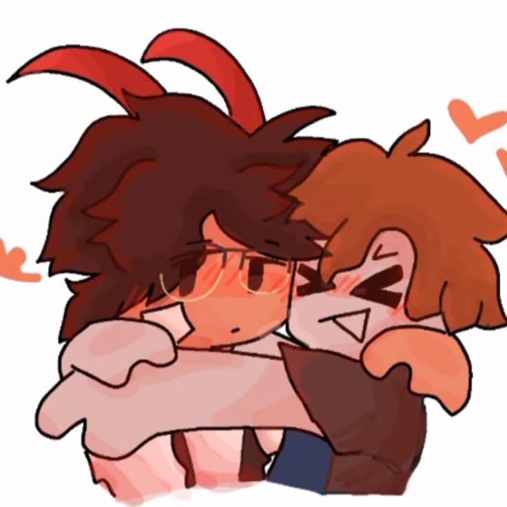 Two Cartoon Characters Hugging Each Other With Hearts In The Background And One Is Wearing Glasses