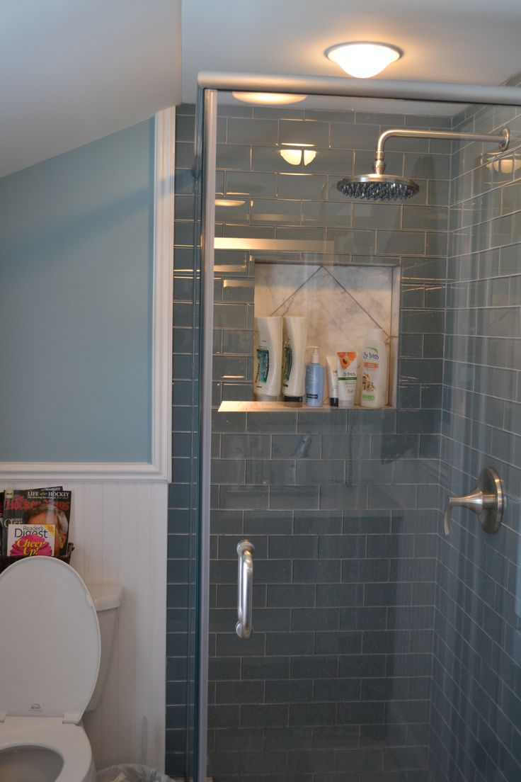 Ice Gray Glass Subway Tile Shower Remodel Small Bathroom Remodel