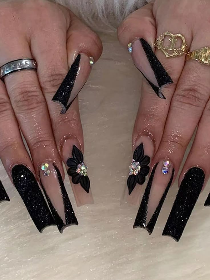 Upgrade Your Look With 24pcs Long Coffin Black Glitter 3d Rhinestone