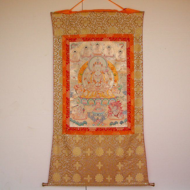 Tibetan Buddhist Sheepskin And Silk Gilt Gold Thangka Four Arm Kwan Yin