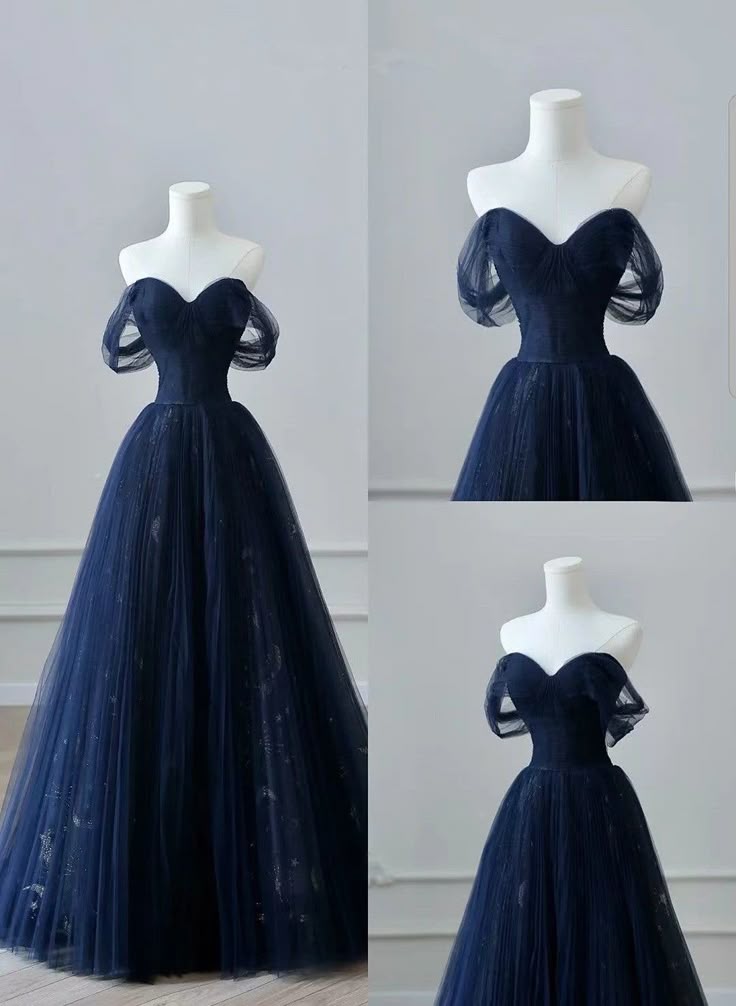 Navy Blue Tulle Off Shoulder Sweetheart Party Dress Navy Blue Long Prom Dress Prom Dresses