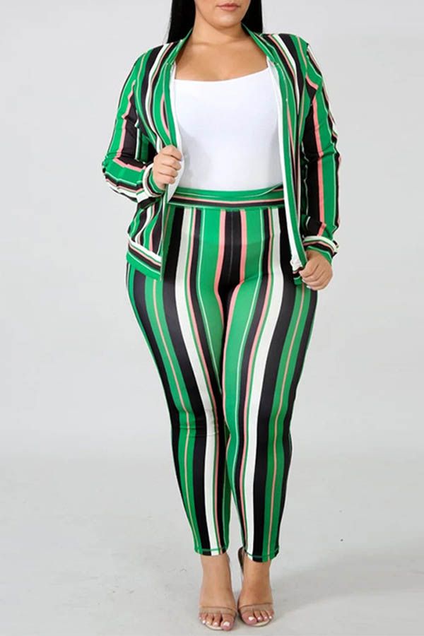 Lovely Casual Striped Plus Size Two Piece Pants Set Plus Size Two