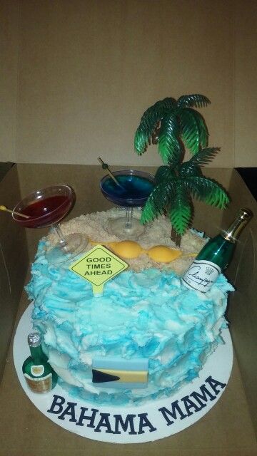 There Is A Cake In The Box That Has Been Made To Look Like A Beach Scene