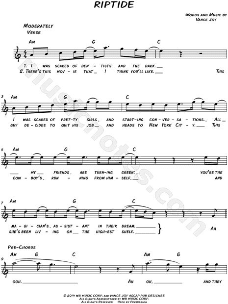Vance Joy Riptide Sheet Music Leadsheet In A Minor Transposable Download And Print Sheet