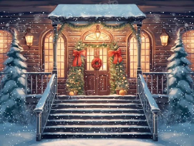 Kate Christmas Tree Stair Snowy Yard Backdrop Designed By Chain