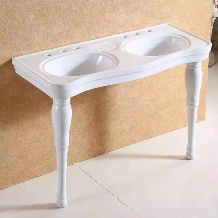 Console Double Bowl Bathroom Sink - 8 Inch Faucet Drillings - White ... Console Double Bowl Bathroom Sink - 8 Inch Faucet Drillings - White ...