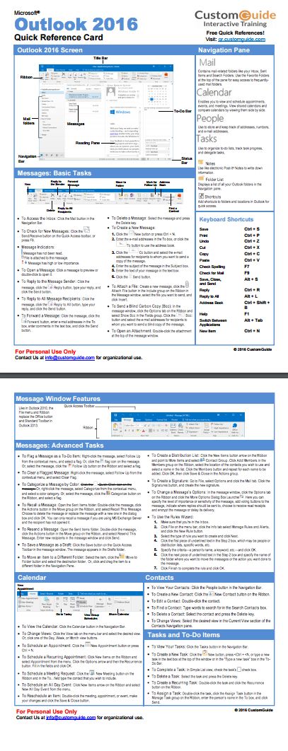 Free Outlook 2016 Quick Reference Card
