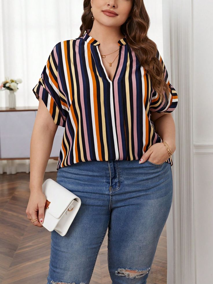 Plus Striped Print Notched Neckline Batwing Sleeve Blouse Batwing