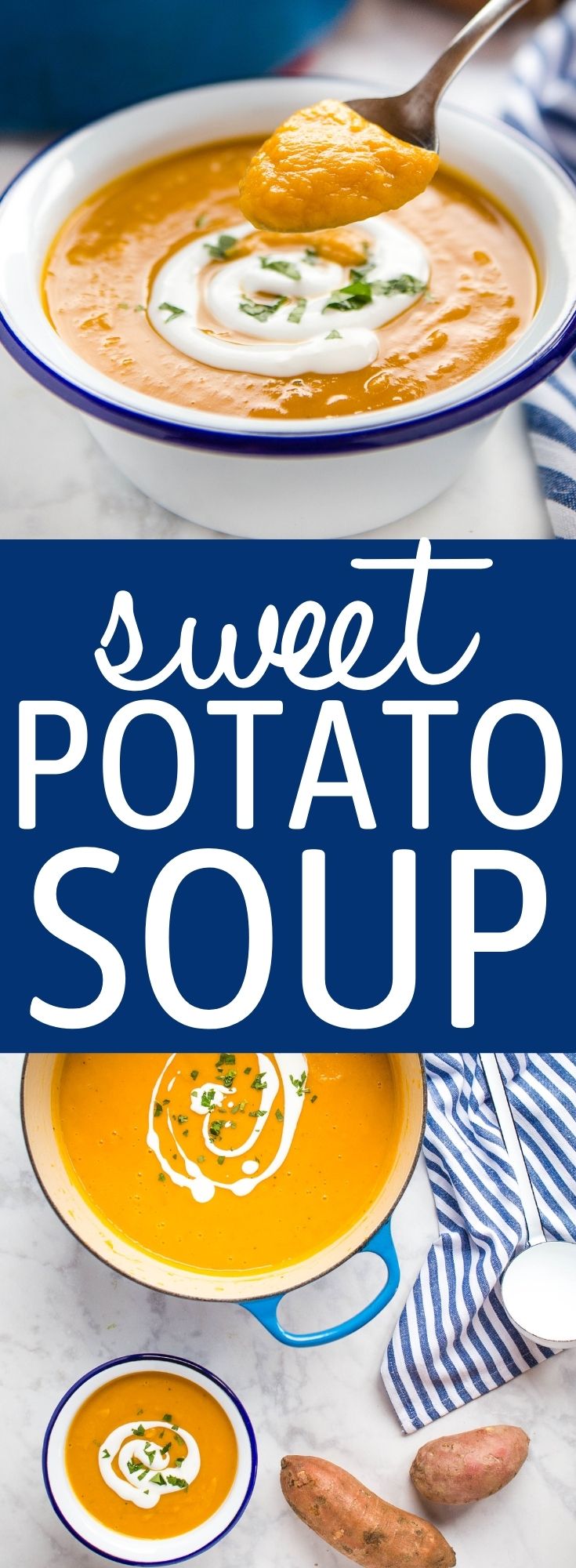Sweet Potato Soup In A White Bowl With A Spoon On Top And The Title