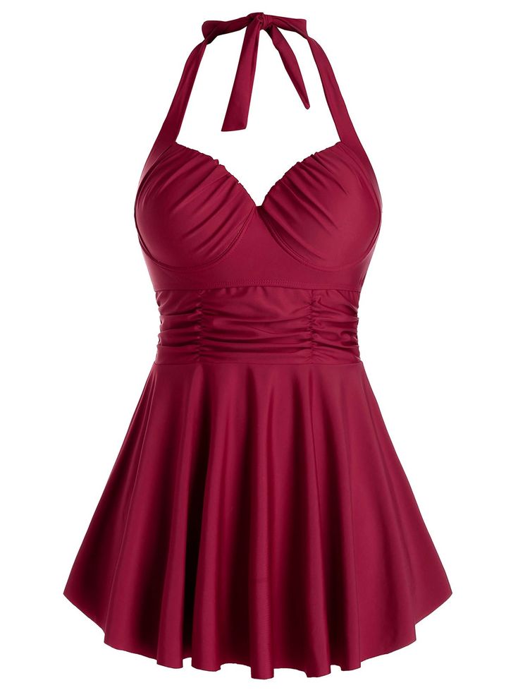 Plus Size Halter Ruched Backless Skirted Tankini Swimwear Ad Paid Ruched Halter Size