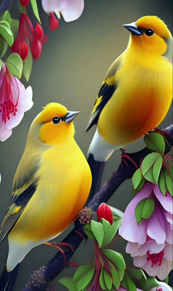 Beautiful Yellow Birds On A Tree Branch
