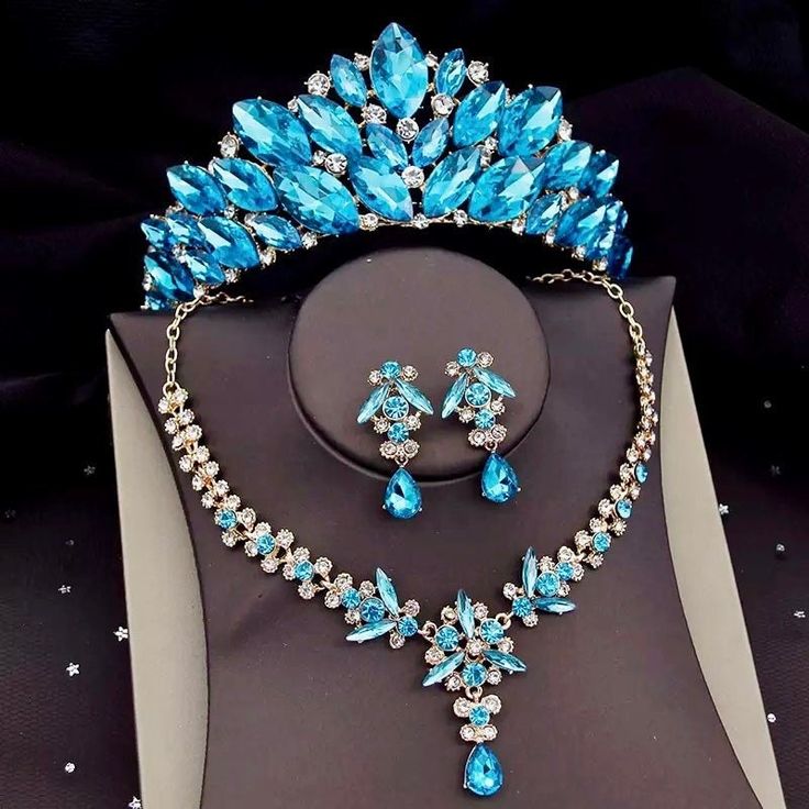 💙 Sky Blue Bridal Tiara Set Crystal Wedding Tiara Set Crystal Necklace And Earrings Set