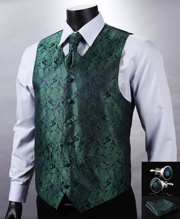 Ve10 Green Navy Blue Paisley Top Design Wedding Men 100 Silk Waistcoat