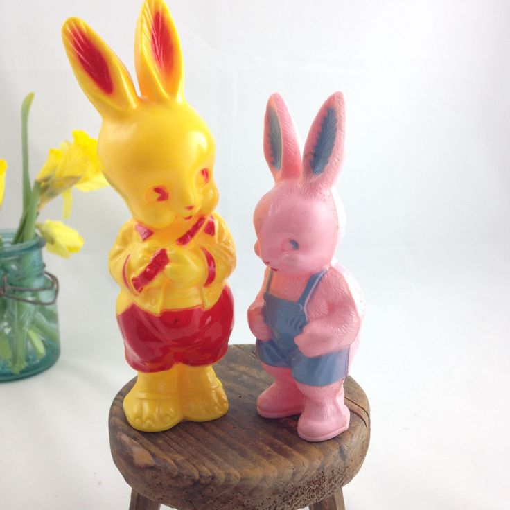 Two Vintage 1950s Hard Plastic Easter Bunny Rabbits Etsy Easter Basket Toys Rabbit Rattle
