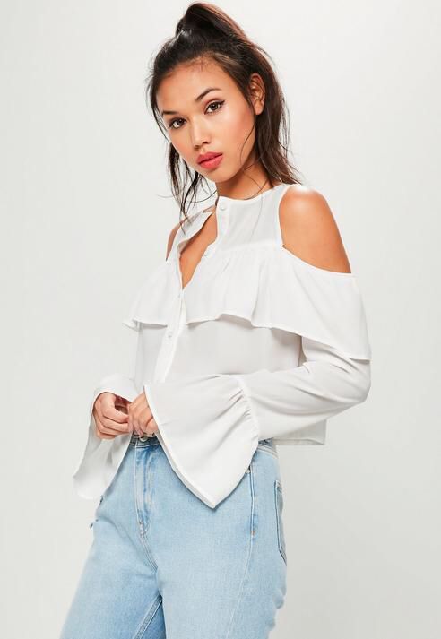 Missguided White Flared Cuff Cold Shoulder Cropped Blouse White Crop