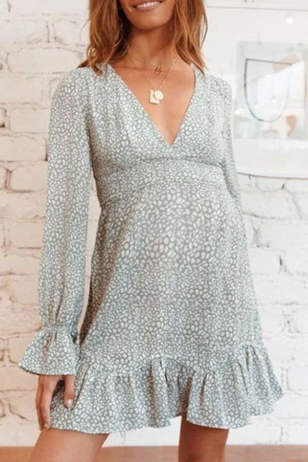 Maternity V Neck Cute Long Sleeve Printed Color Dress Maternity Mini