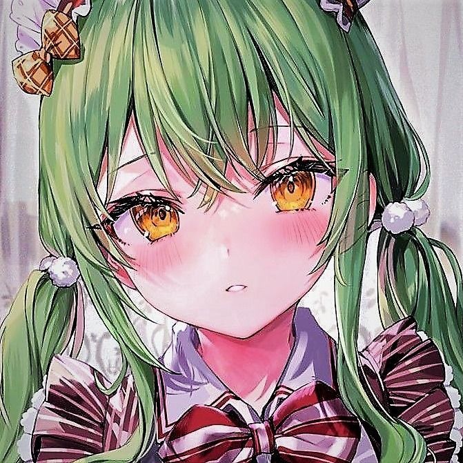 An Anime Girl With Green Hair And Yellow Eyes Looking At The Camera While Wearing A Bow Tie