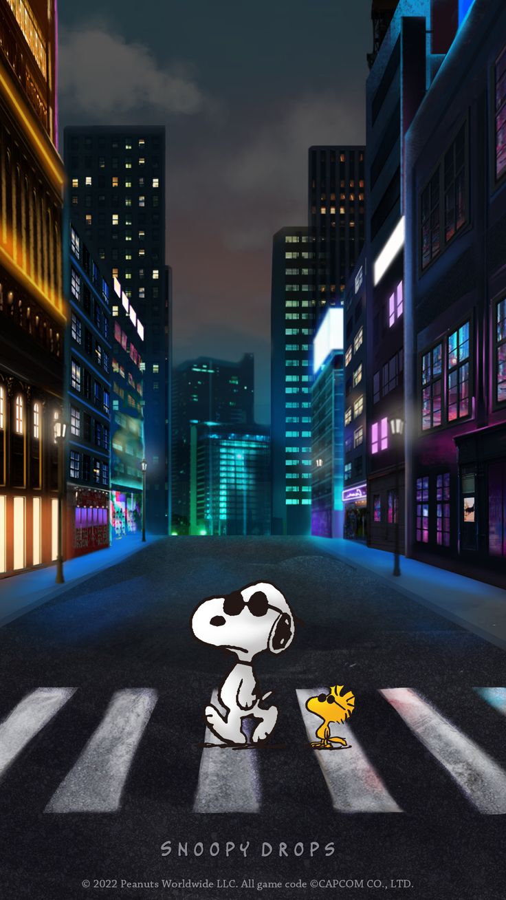 A Cartoon Character Is Crossing The Street In Front Of Some Tall Buildings At Night Time