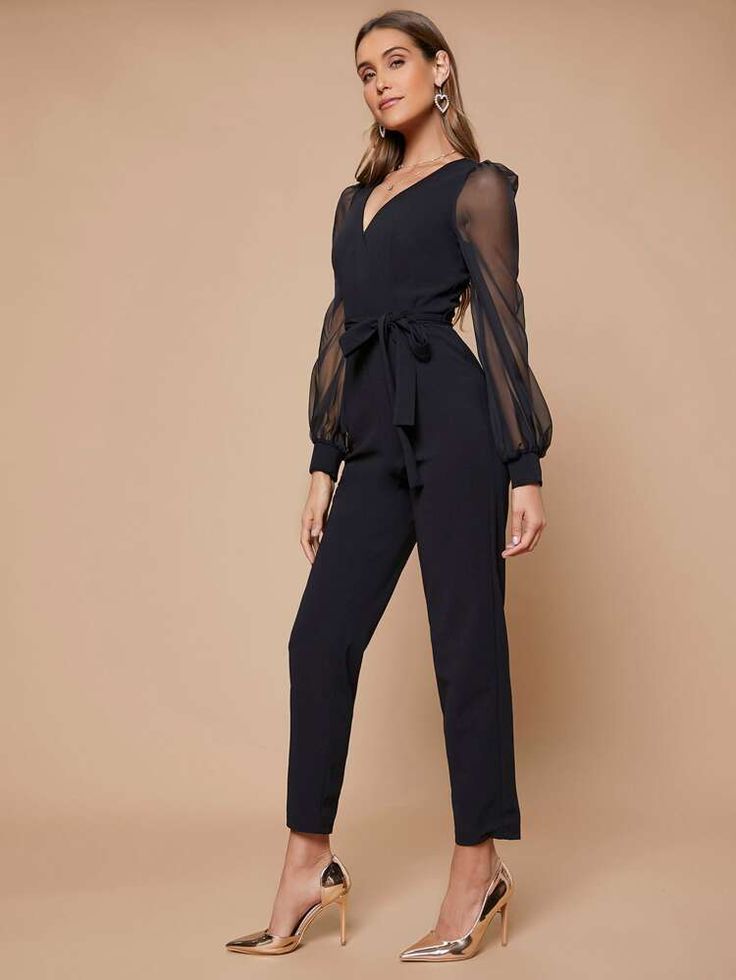 Shein Mesh Lantern Sleeve Belted Jumpsuit Shein Usa Overall
