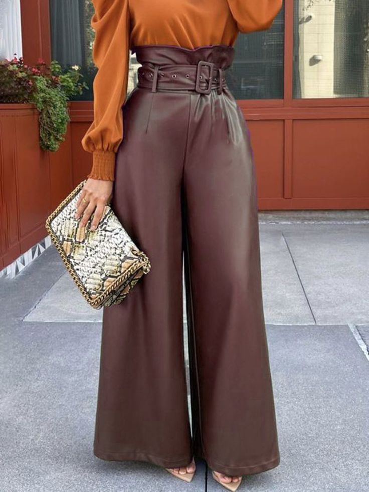Plain Spring Urban Polyester No Elasticity Regular Fit Wide Leg Pants H