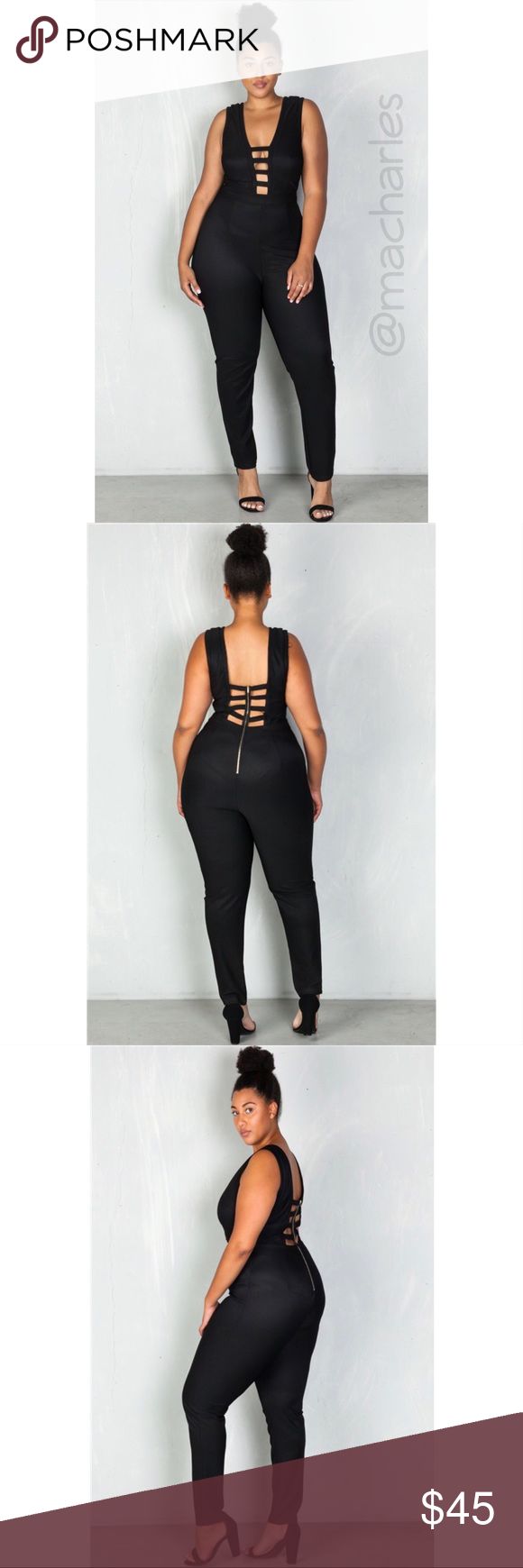 Black Caged Jumpsuit With Cut Outs And Zipper Back Closure